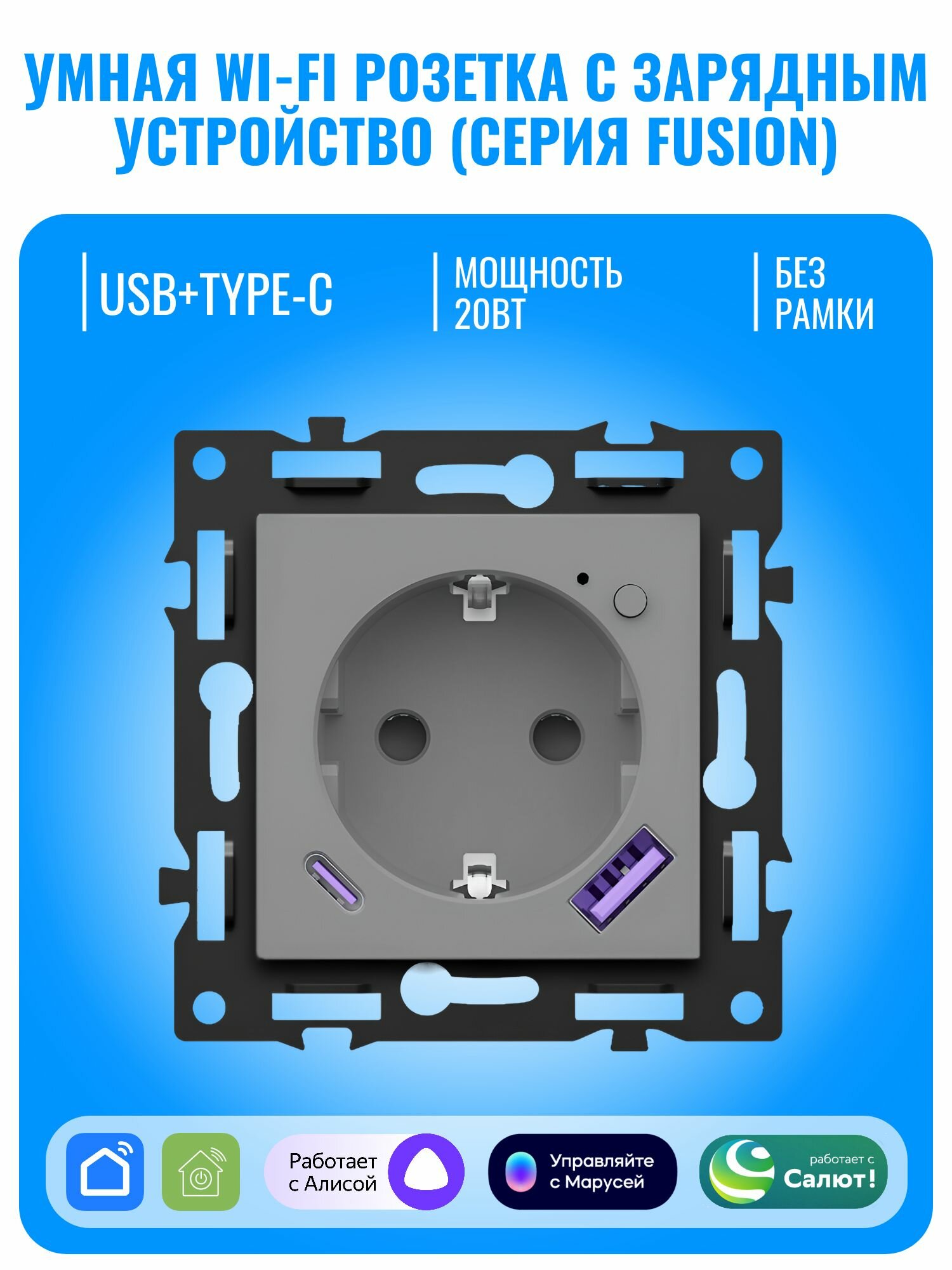 Умная Wi-Fi розетка с зарядным устройством USB и Type-C Smart Aura серия Fusion без рамки