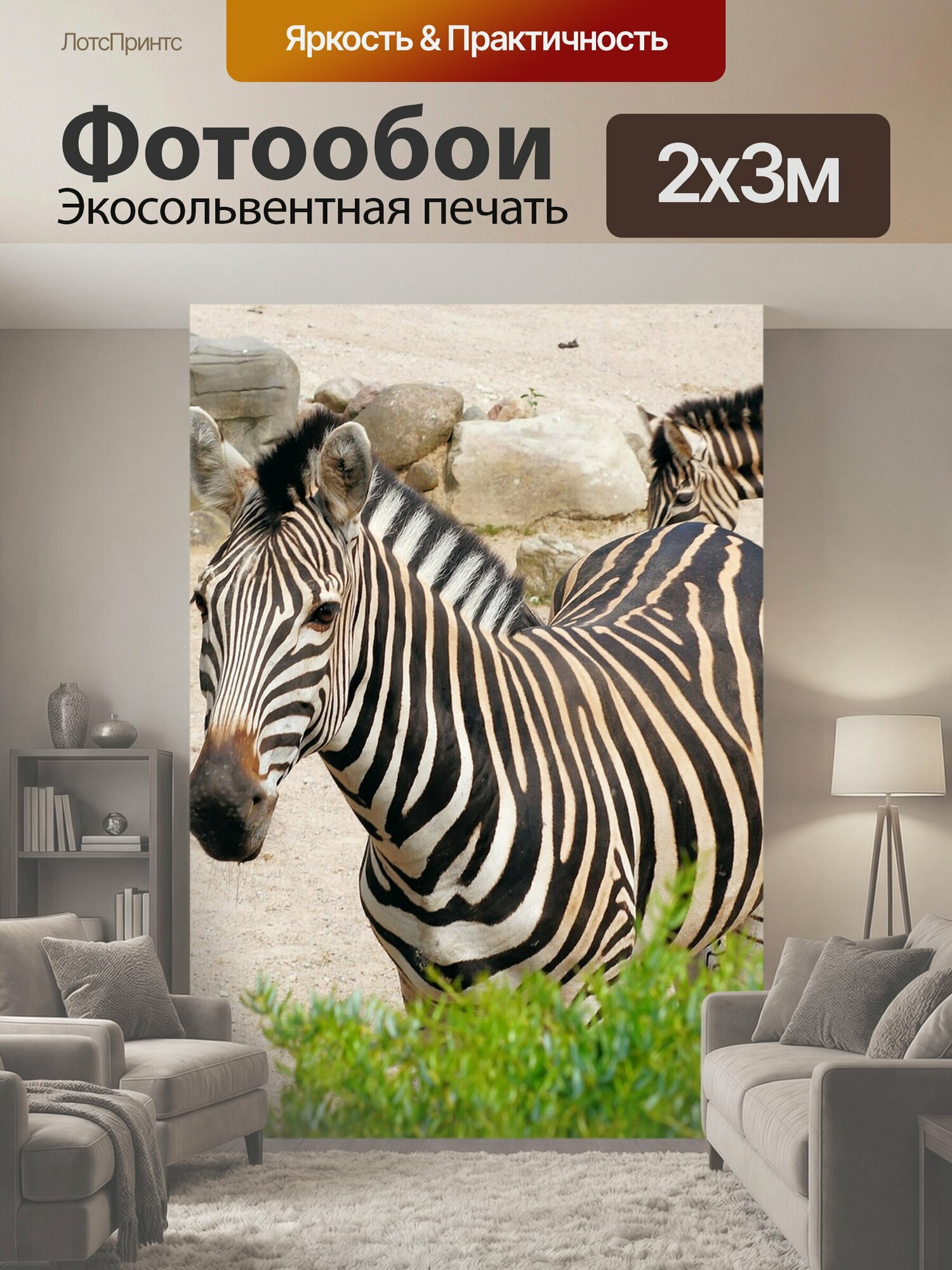 Фотообои "Зебра, полосатый, черно-белый" 200x300 см. экосольвентная печать