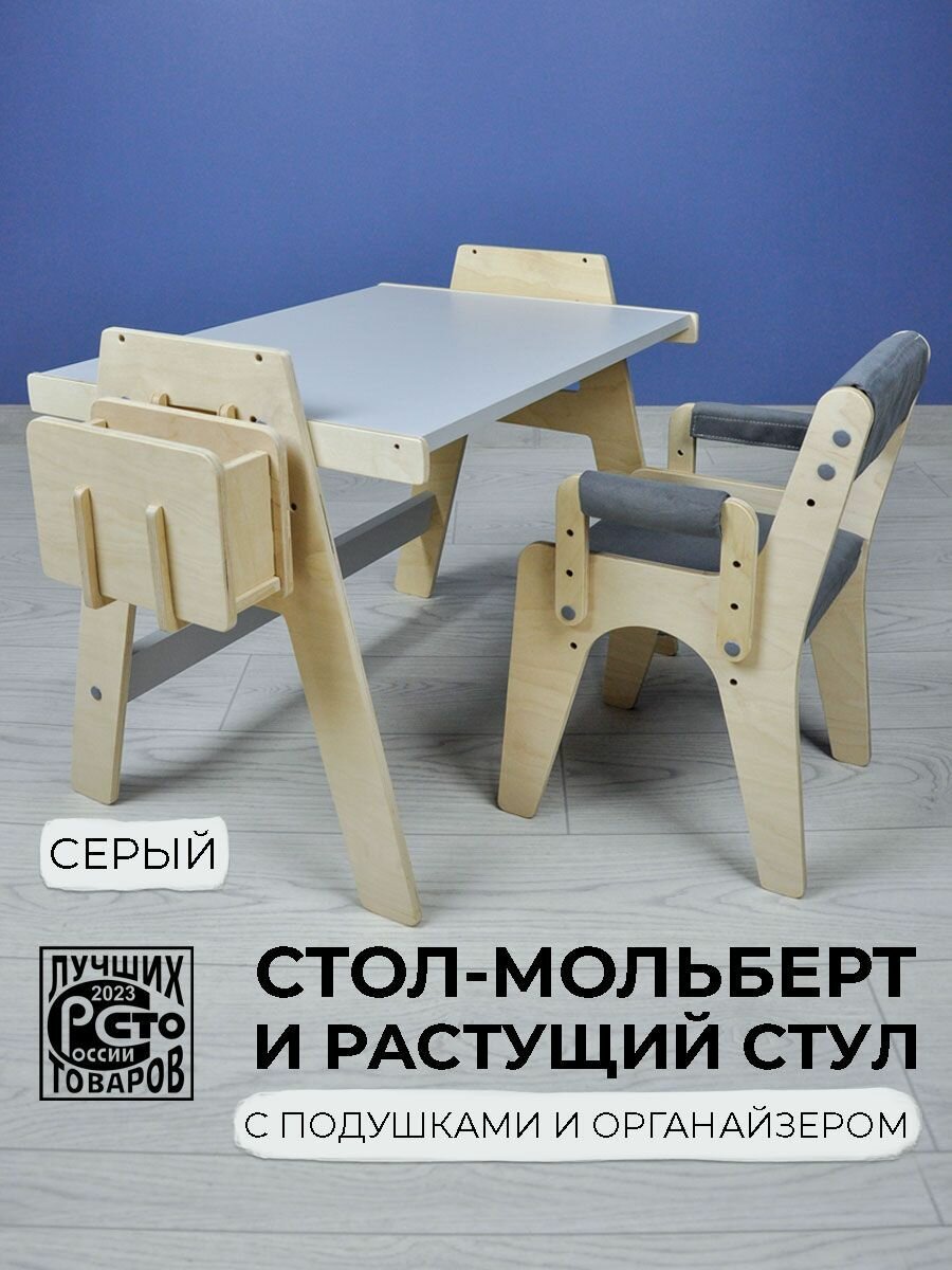 Детский растущий стул с подушками и стол мольберт (парта) с органайзером RuLes