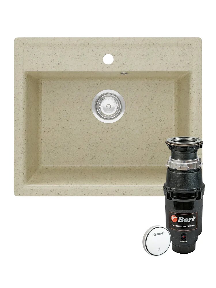 Комплект Мойка Domaci Палермо PR-565-002 56x49, бежевая, искусственный мрамор / Измельчитель Bort Master Eco Control электрический, нержавеющая сталь