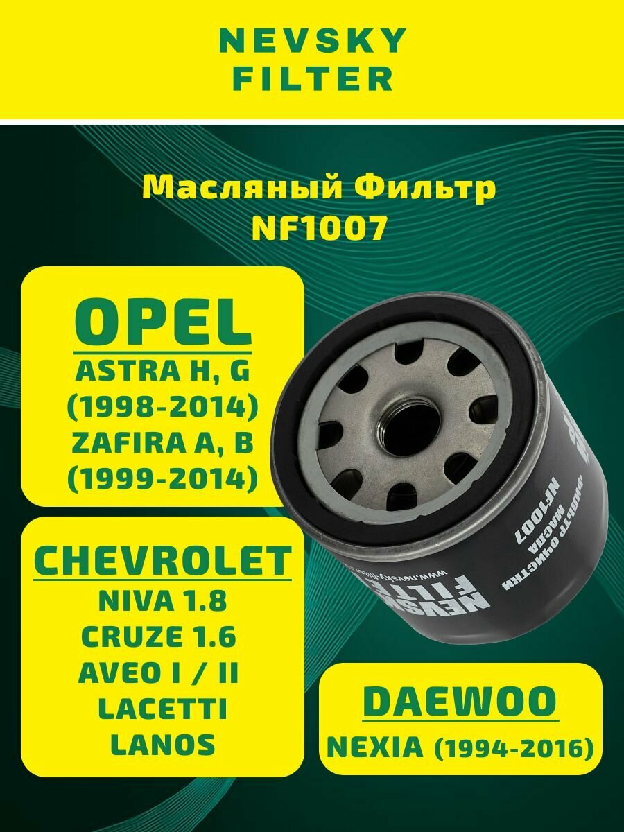 Фильтр масляный NF1007 для Chevrolet Niva, Cruze 1.6, Lacetti 1.6, Aveo T200/T250; Opel Astra H , Zafira B; Daewoo Nexia 1.5. OEM: 96879797, 95509857
