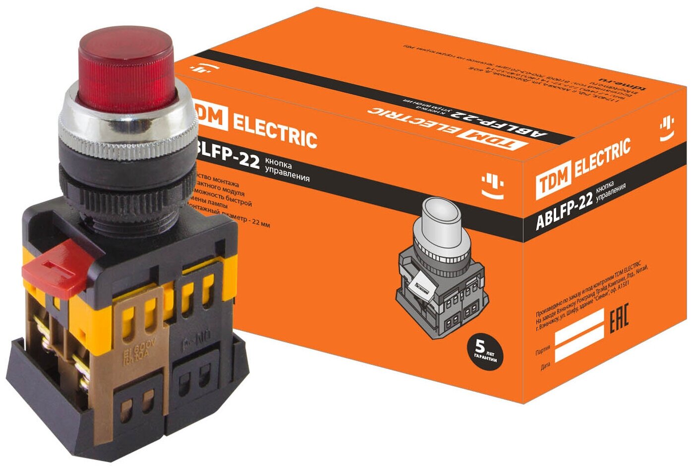 TDM SQ0704-0005 Кнопка ABLFP-22 красный d22 мм неон/230В 1з+1р