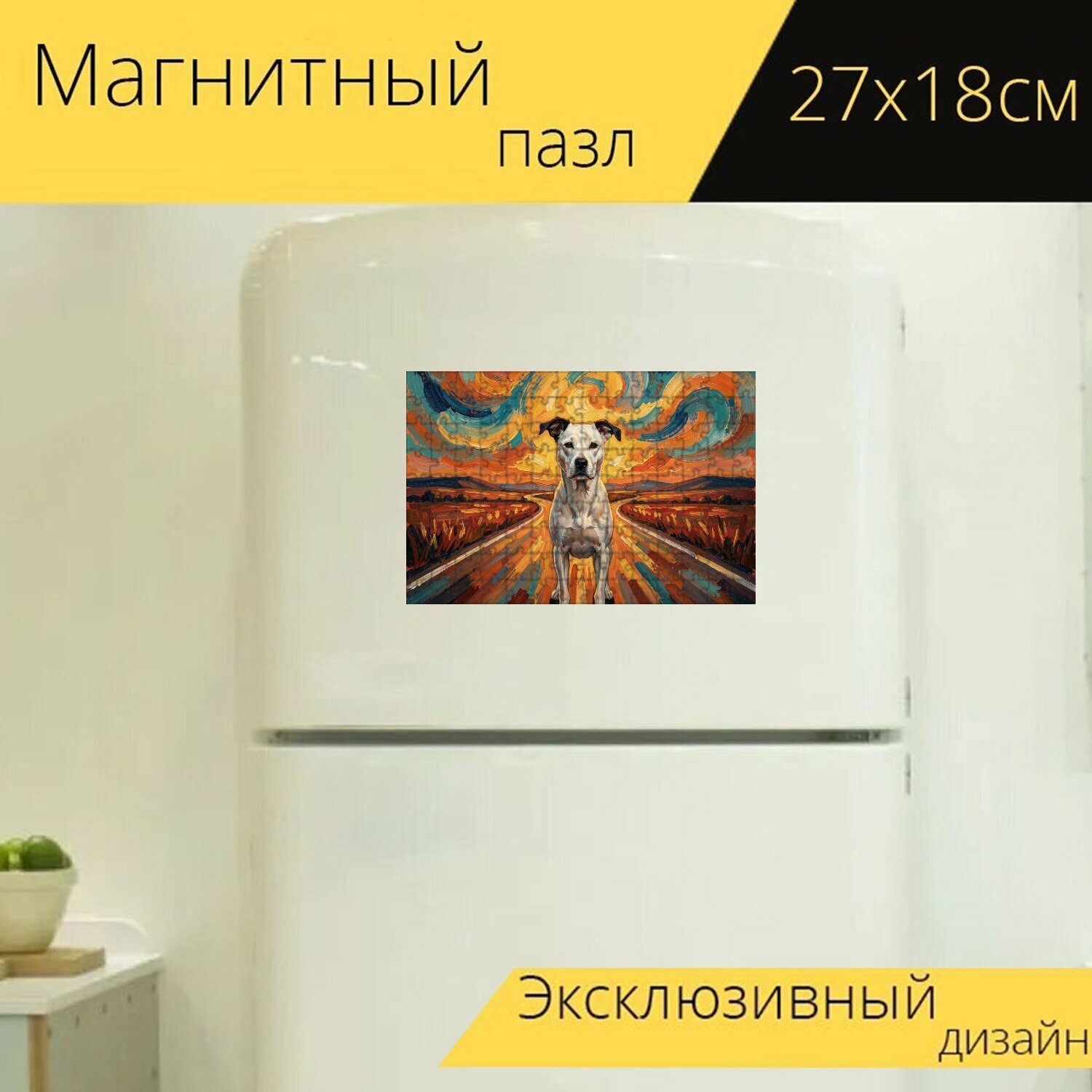 Магнитный пазл "Собака на дороге на закате. Белый пес с черными ушами стоит по центру шоссе среди полей, на фоне огненного неба и вихревых мазков. Яркая." на холодильник 27 x 18 см.