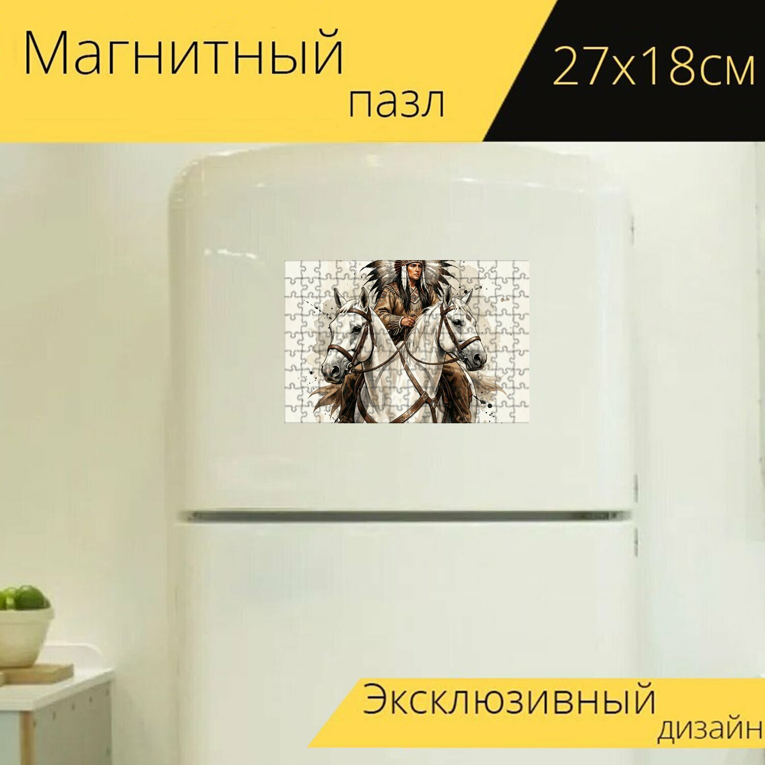 Магнитный пазл "Индейский вождь на лошадях. Мужчина в традиционном перьевом уборе верхом на двух светлых конях, акварельная стилизация в." на холодильник 27 x 18 см.