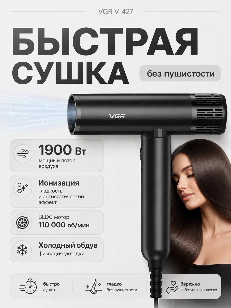 Фен для волос, мощность 1900Вт, 7 режимов, ионизация, вращение шнура, черный — фото 1