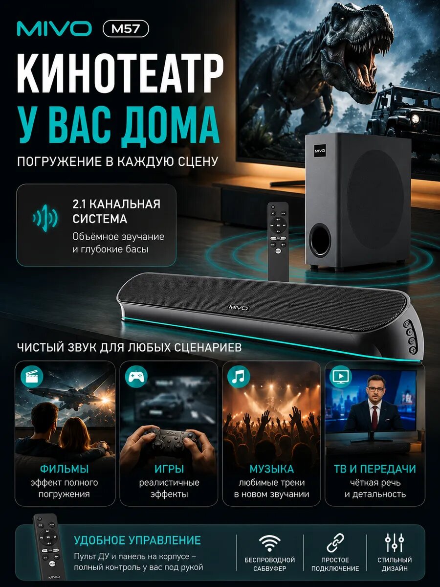 Саундбар , 100Вт, для домашнего кинотеатра, с беспроводным сабвуфером — фото 1