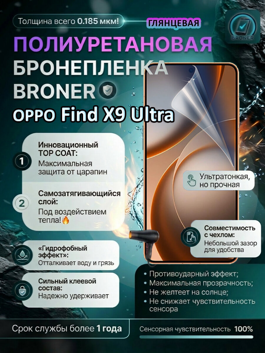Полиуретановая бронепленка для OPPO Find X9 Ultra / Защитная плёнка на экран, совместима с чехлом, с вырезом под камеру / Глянцевая