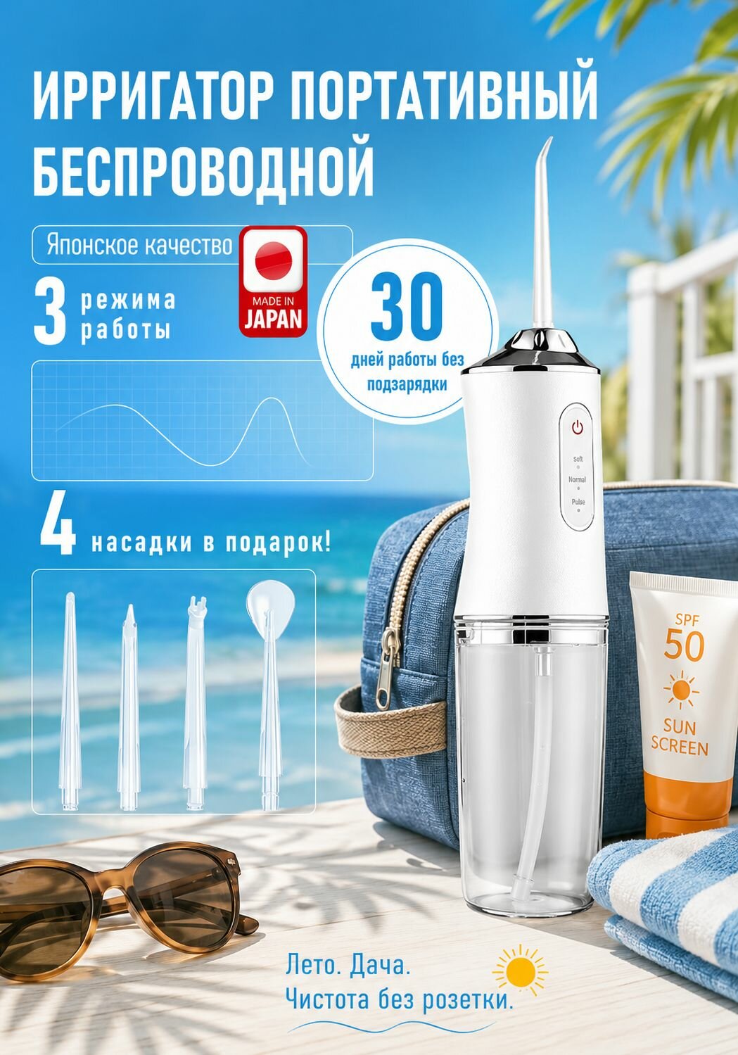 Беспроводной портативный ирригатор для полости рта с USB-зарядкой. Компактный, мощный. Идеально для дачи, отпуска и путешествий. Подарок для здоровья