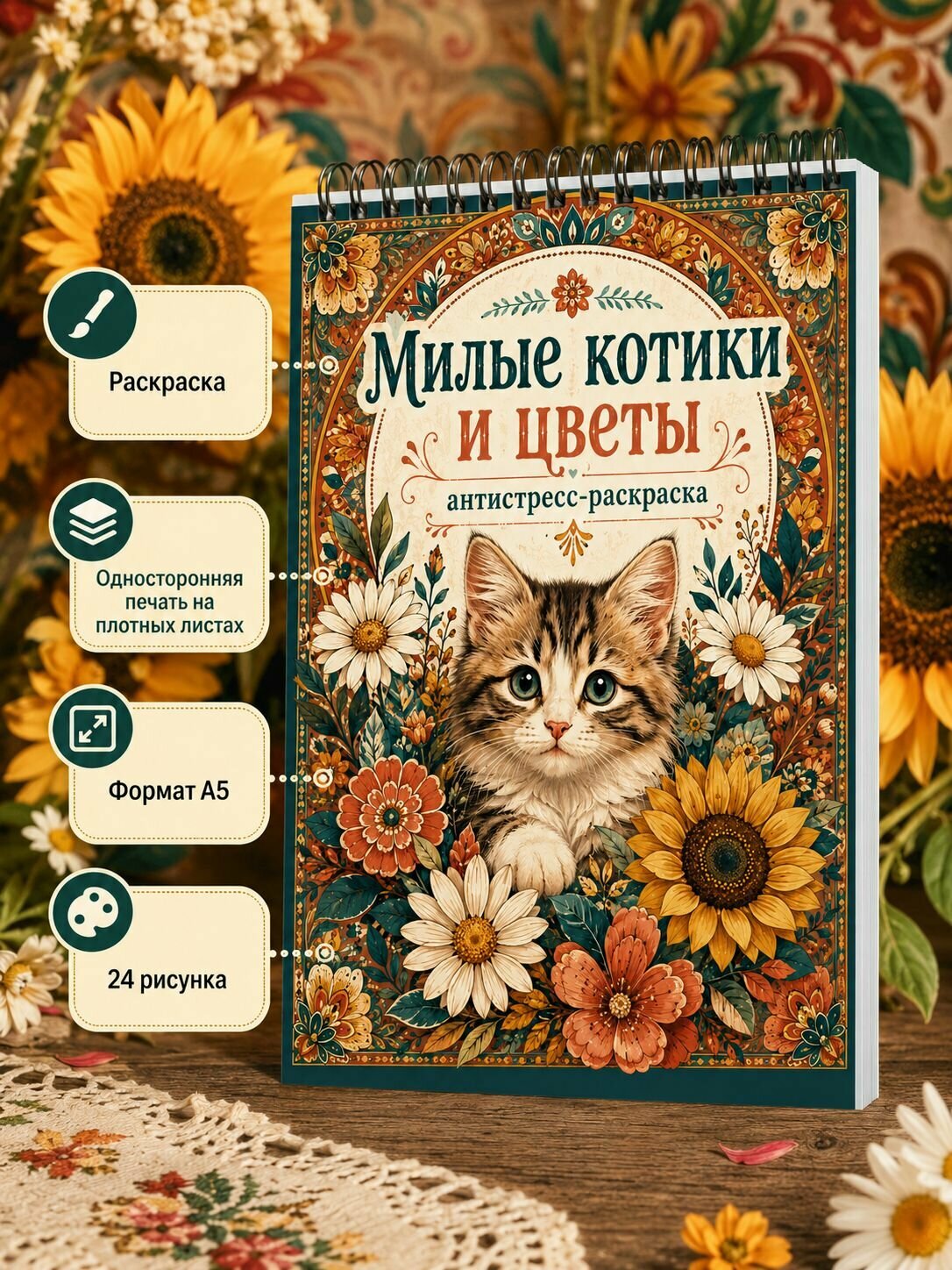 Раскраска антистресс Милые котики и цветы