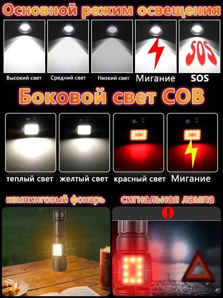 Фонарь ручной мощный 30W LED, двойной источник света, Боковой свет COB, 4500000LM, IPX6, Черный — фото 1