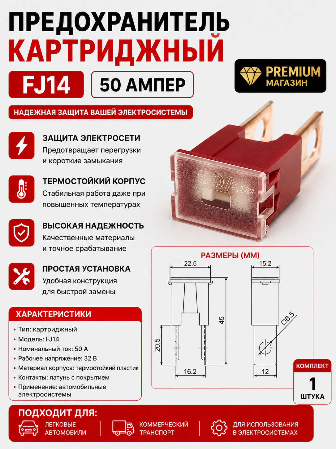 Предохранитель картриджный FJ14 50 Ампер (FJ14) Евро стандарт