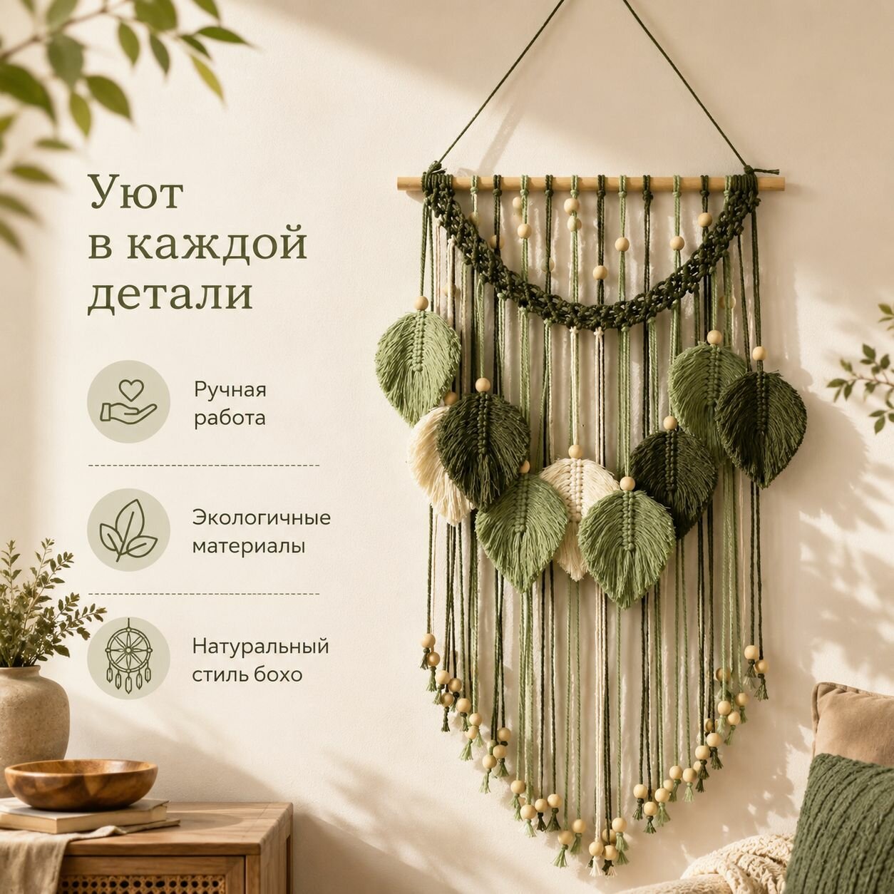Настенный гобелен из листьев Панно настенное макраме
