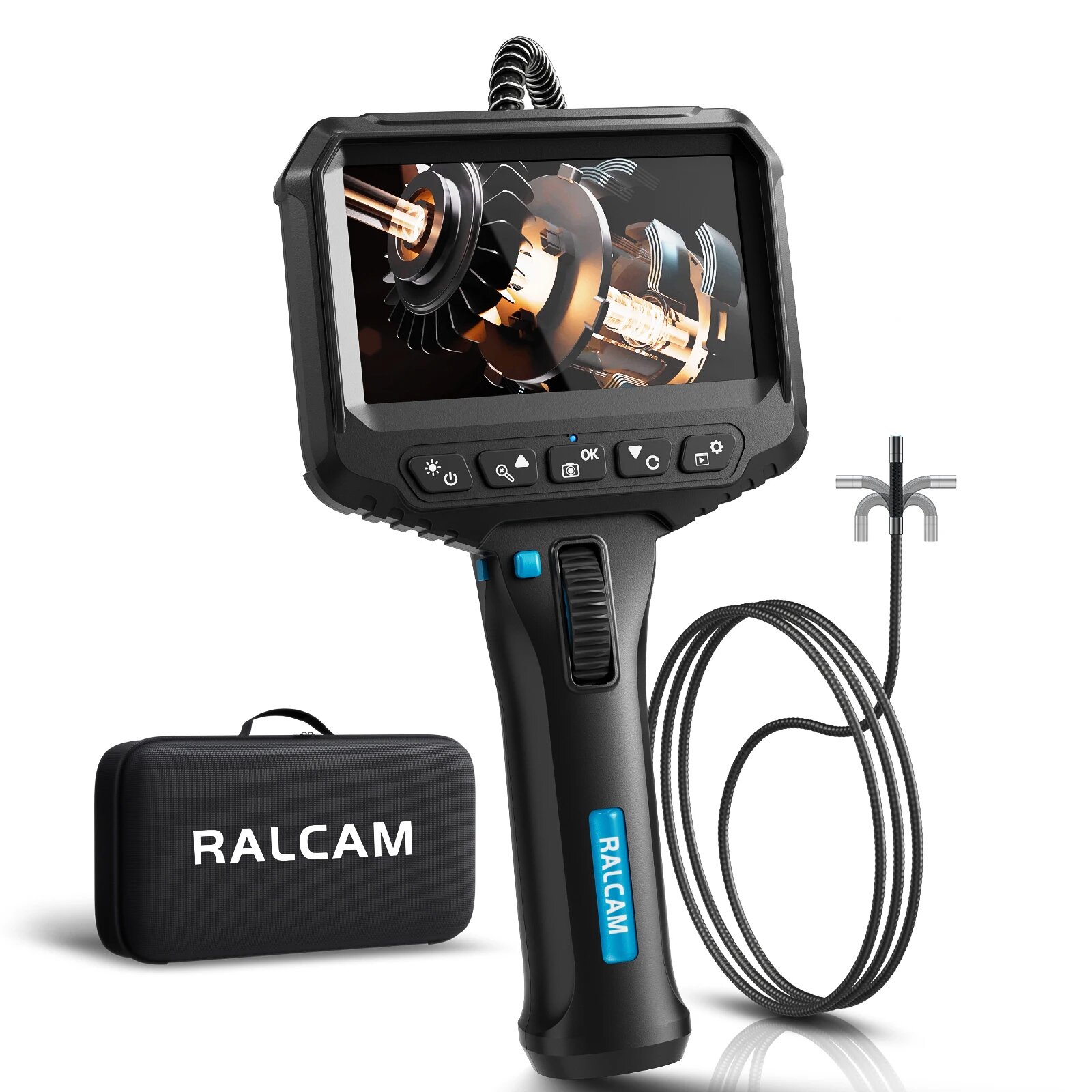 Шарнирный бороскоп Ralcam 6,2 мм 1080P 4,3 дюйма IPS двухсторонний 210 ° Камера эндоскопа рулевого управления, трубка из нержавеющей стали длиной 1 м