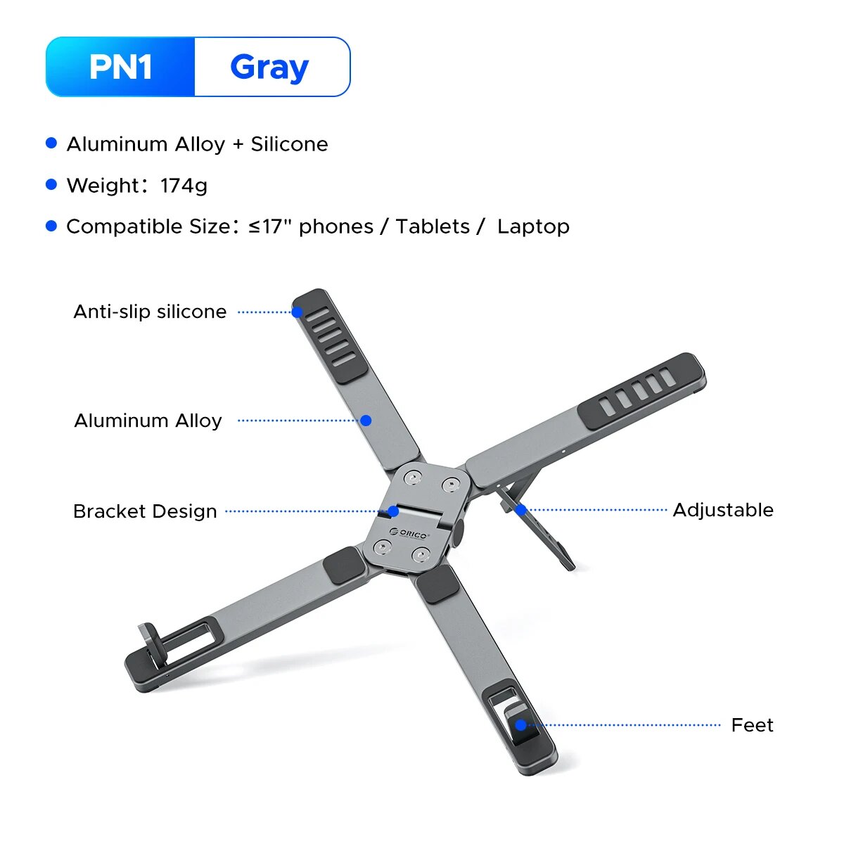 ORICO 3 в 1 Подставка для ноутбука, планшета и телефона из алюминия Gray