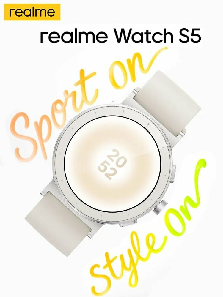 Realme Смарт-часы realme Watch S5, Водонепроницаемость 5АТМ,1.43" AMOLED экран, 44mm, Белый