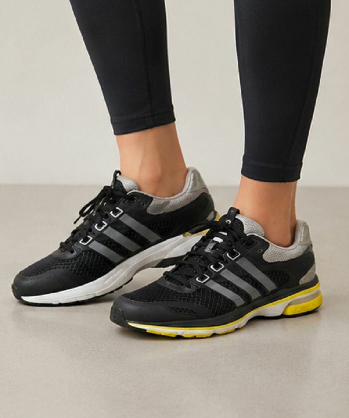 Кроссовки adidas, размер Кроссовки Adidas созданы из искусственных материалов. Модель фиксируется на шнуровке. Детали: внутренняя сторона и стелька созданы из текстиля, резиновая подошва. Внутренний материал: текстиль Упаковка-пакет Материал подошвы: резина Материал стельки: текстиль Сезон: мульти Цвет: черный Вид спорта: бег Страна производства: Вьетнам, серый, черный, желтый — фото 1