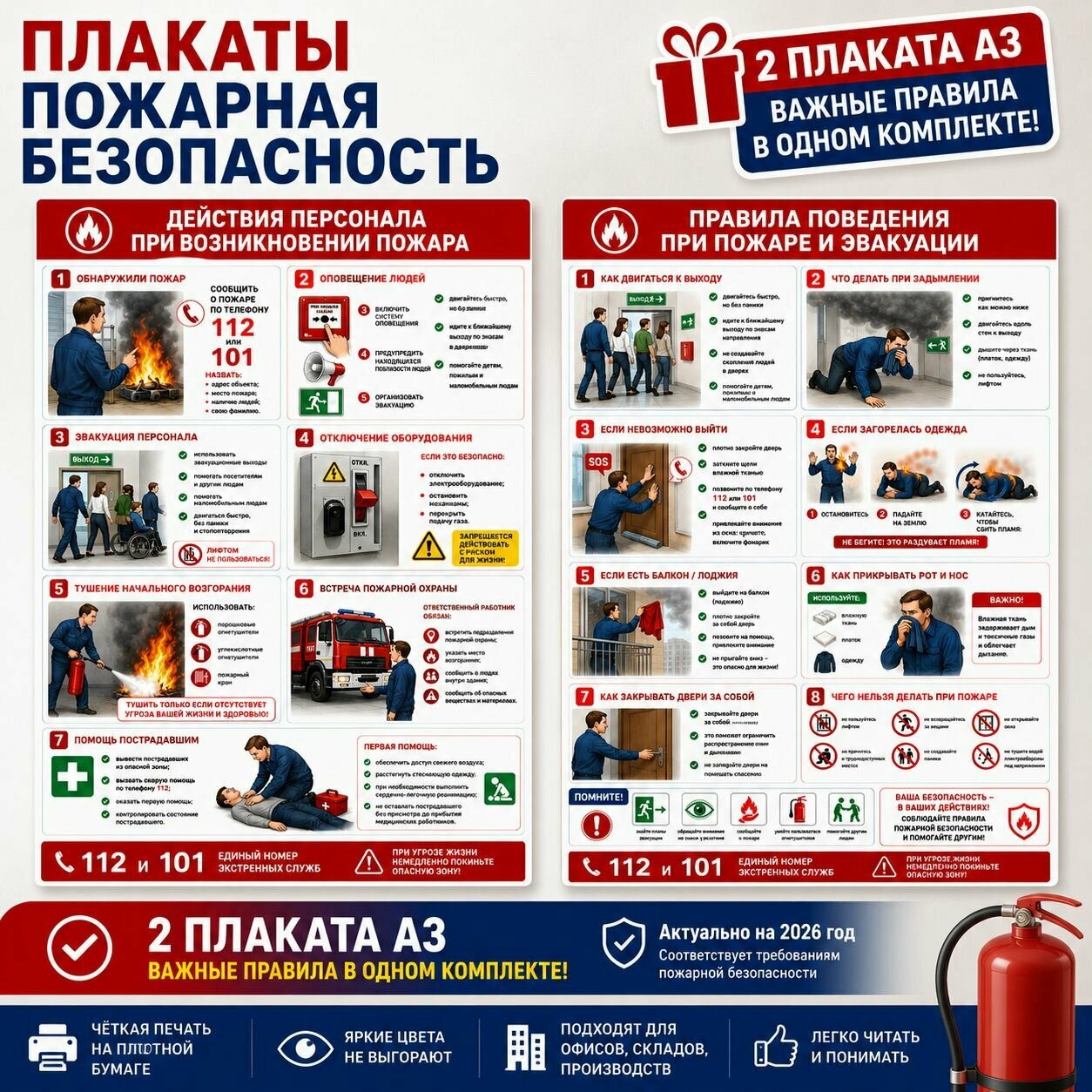 Плакаты по пожарной безопасности А3 комплект 2 шт. Эвакуация при пожаре. Действия персонала при возгорании