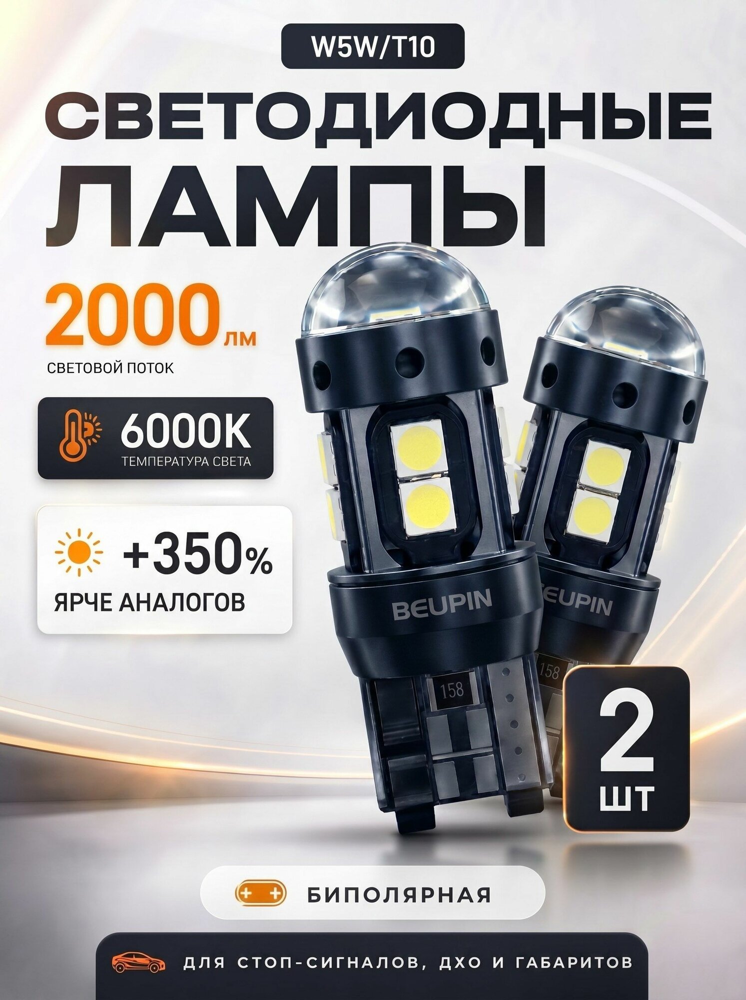 Светодиодные диодные лампы в габариты c линзой W5W T 10 в подсветку салона 2шт