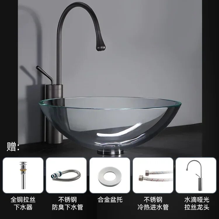 Ванна для ванной комнаты овальная стеклянная ванна с водопадным краном toughened glass bathroom sink above counter