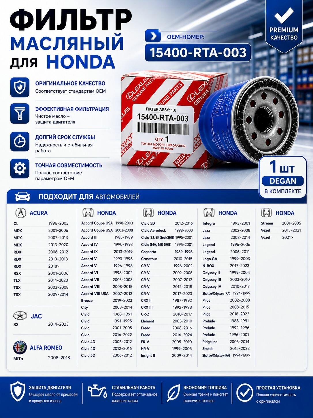 Фильтр масляный хонда Цивик 4д,5д 15400RTA003 / 15400PLMA02 / C809, 15400PLC004 Срв 3 CRV 4 Honda Аккорд 7 Фит Везел Степвагон W 6106