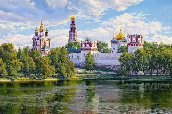 Алмазная мозаика "Монастырь у Реки" / Алмазная вышивка / Круглая картина стразами Полная выкладка 50х40CM(без подрамника, без рамки)