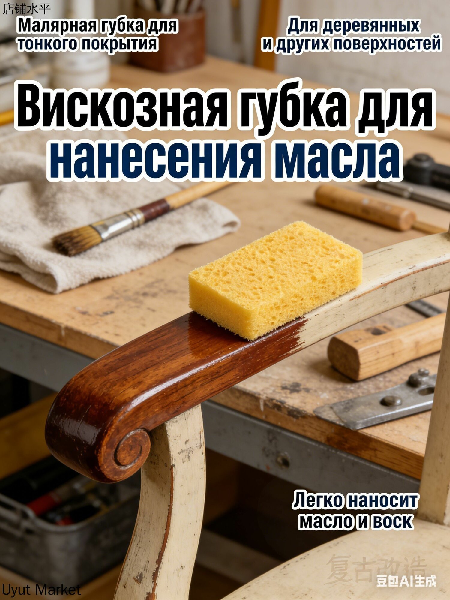 Вискозная губка для нанесения масла и воска, малярная, для деревянных и других поверхностей, 1 шт