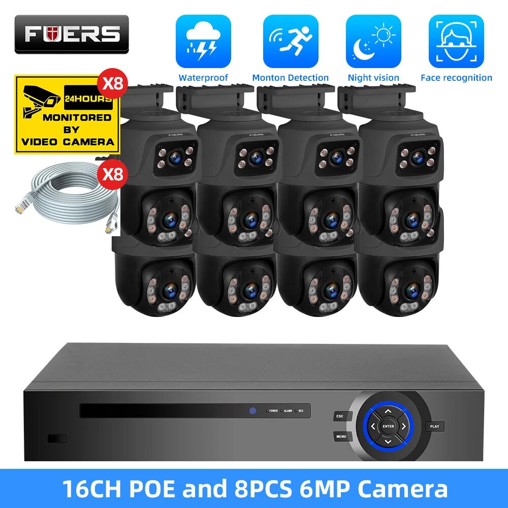 Система видеонаблюдения FUERS 16CH Poe 6MP Камера видеонаблюдения Комплект камер безопасности Камера PTZ Камера для улицы Двусторонний аудио Полноцветная ночь