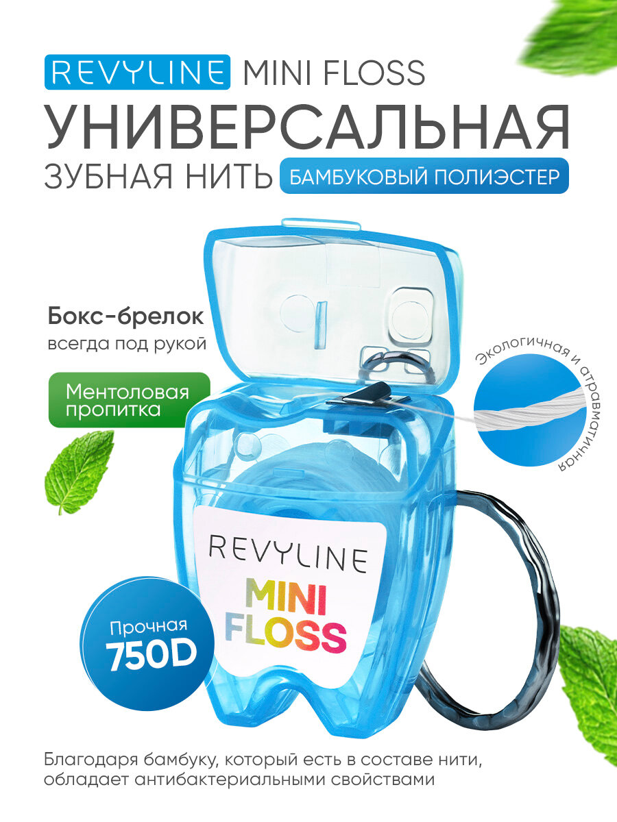 Зубная нить Revyline Mini Floss, вощеная, мятная с бамбуком, 15 м, дорожный брелок, синий