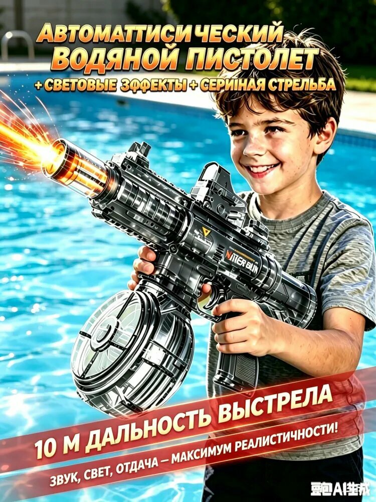 Электрический ультразвуковой водяной пистолет, автоматическое управление, от батареи, дальность действия до 10 метров, резервуар для воды 500 мл, черный.