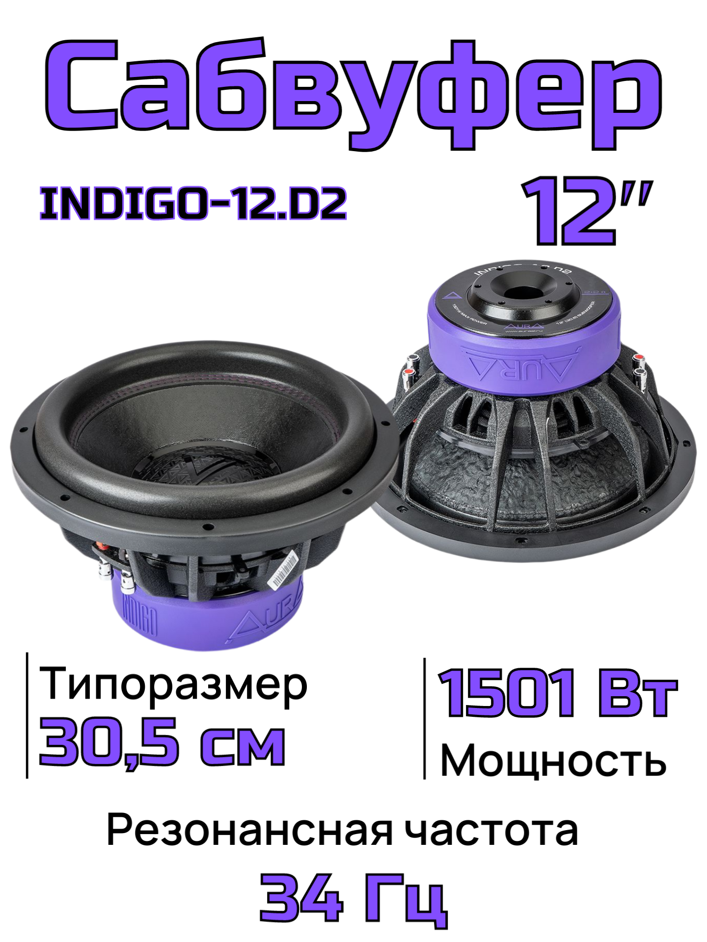 Сабвуфер AurA INDIGO-12, черный, 12 дюймов, 30.5 см, литая корзина, 751-1501 Вт