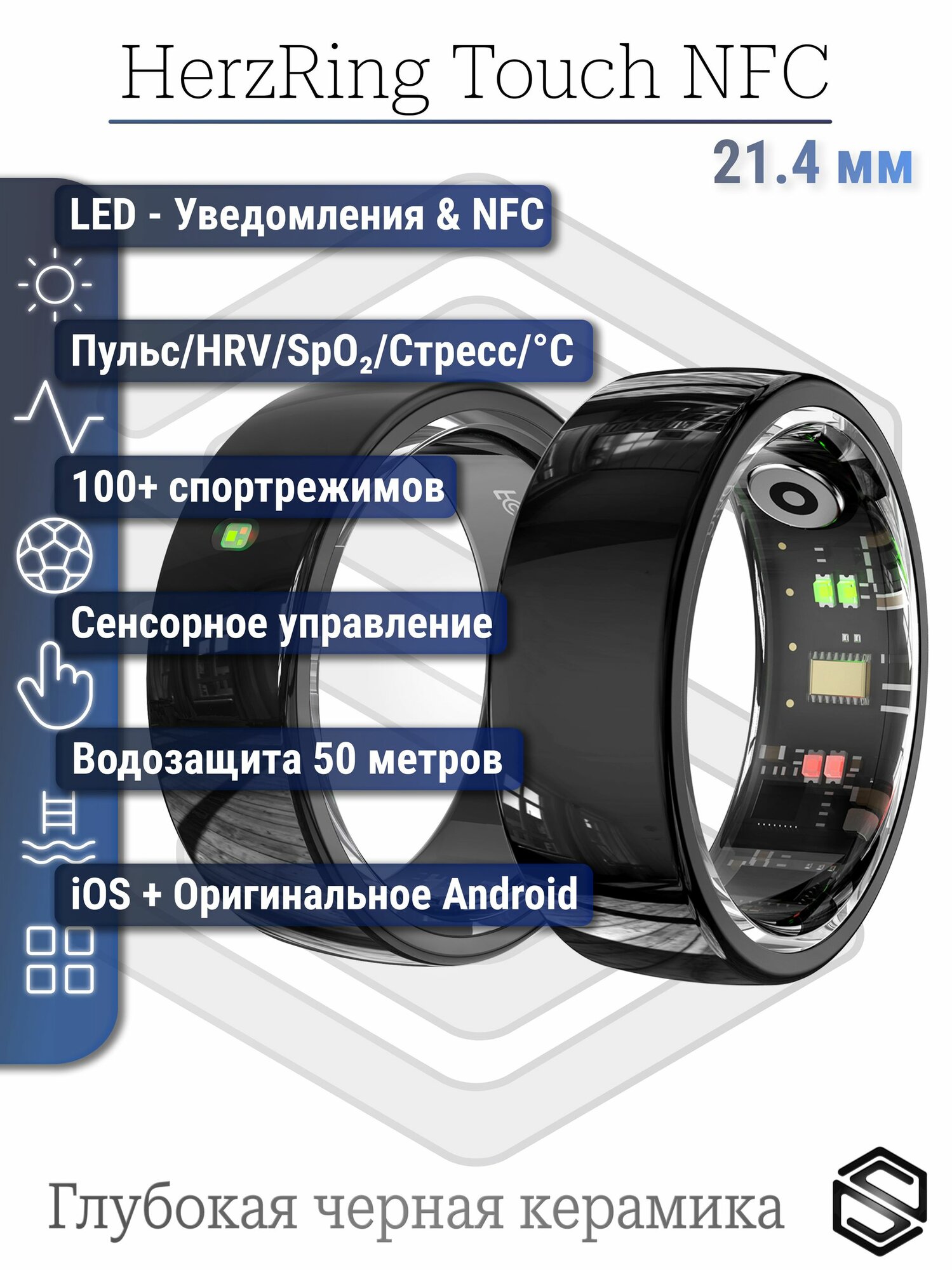 Умное Кольцо с Управлением & Уведомлениями Touch NFC (Цвет черный внутренний диаметр кольца 21,6 мм)