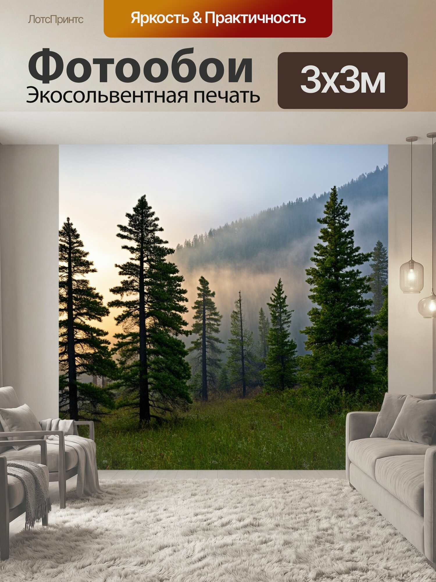 Фотообои "Утро: раннее утро в горах с высокими соснами и туманом, фотографии, передающие атмосферу спокойствия" 300x300 см. экосольвентная печать