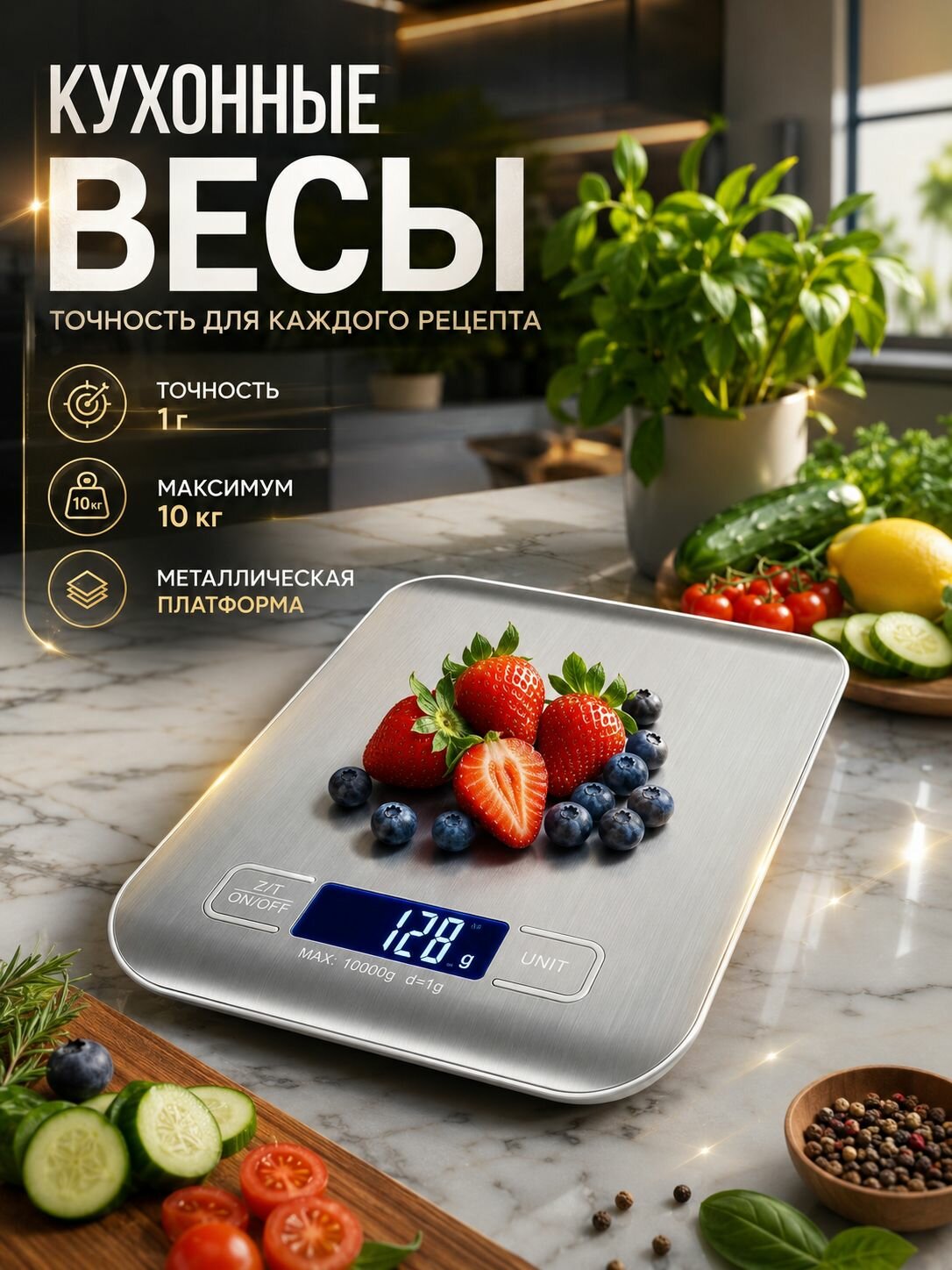 Кухонные весы, максимальная нагрузка 10 кг, точность 1 г, серебристого цвета