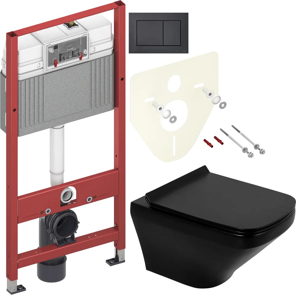 Комплект 3 в 1 Унитаз подвесной BelBagno Sela BB3201CHR-MB, матовый черный / Сиденье BB3201SC-MB, матовая черная / Инсталляция с кнопкой TECE Base 9400414 цвет черный