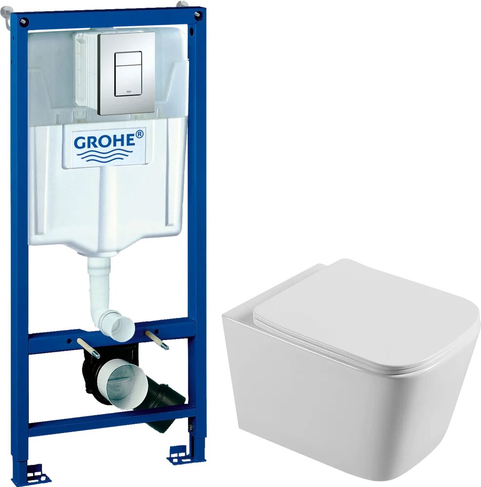 Комплект 2 в 1 Унитаз подвесной Agger AT04100 / Инсталляция с кнопкой Grohe Rapid SL 38772001 цвет хром