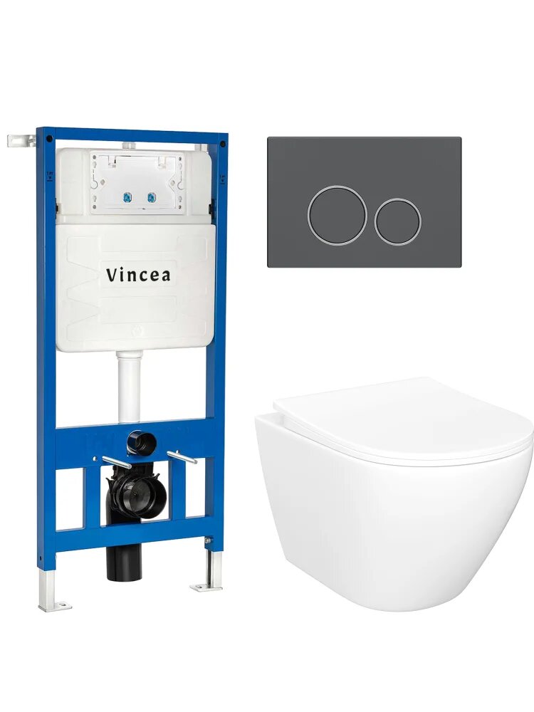 Комплект 4 в 1: Инсталляция Vincea VIS-601 / Унитаз подвесной STWORKI Кронборг S28401WH безободковый, с микролифтом / Кнопка VFP-005GM, вороненая сталь, Комплект креплений