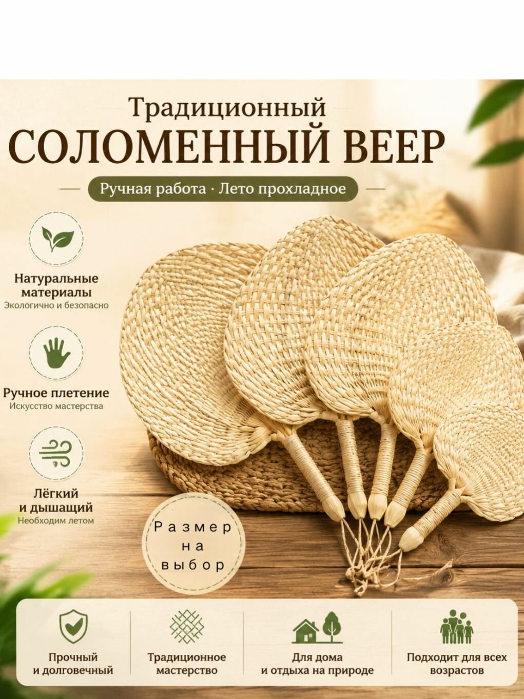 Веер из коричневых листьев 11-14 см Плетёный веер из натуральной травы ручной работы, экологичный летний аксессуар, декор натуральный материал для дома и отдыха на природе
