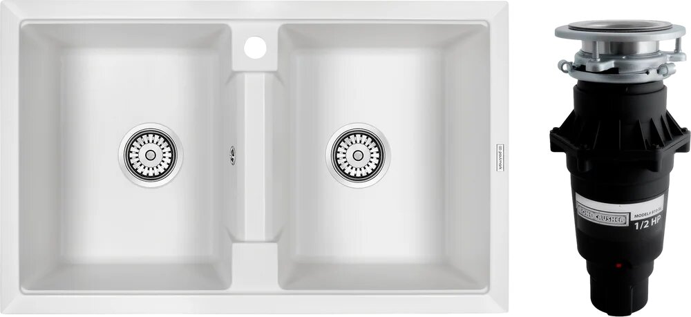 Комплект Мойка Paulmark Tandem 80/2PM238150-WH 81x50, белая, искусственный гранит / Измельчитель Bone Crusher BC 810-SL Slim Line электрический, нержавеющая сталь