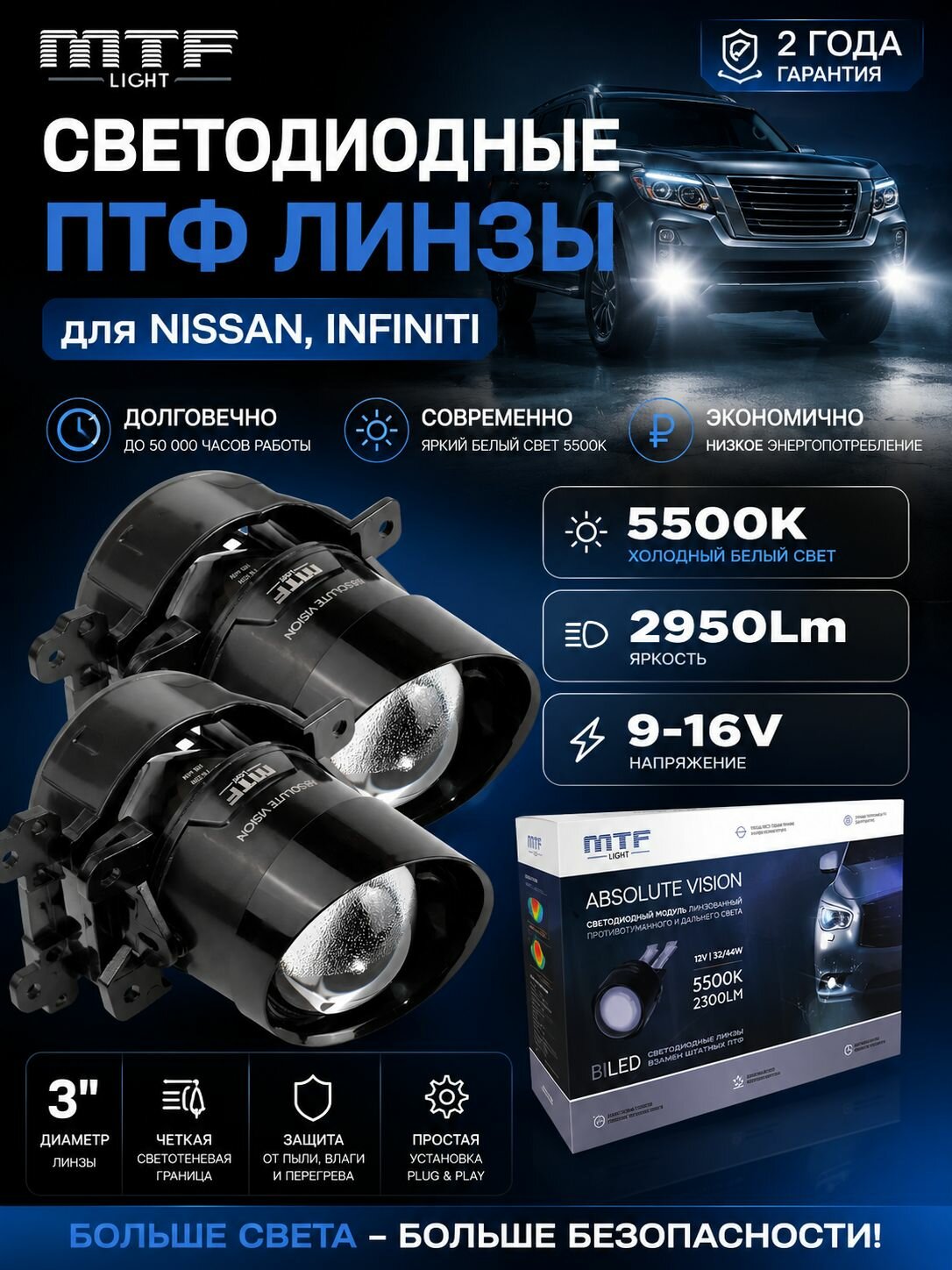 Светодиодные ПТФ линзы MTF Light ABSOLUTE VISION 3" для Nissan / Infiniti 5500K BiLED противотуманные модули