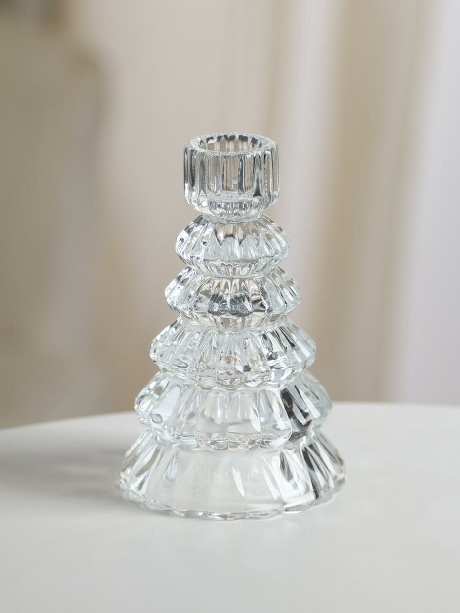 Стеклянный подсвечник на 1 свечу «елочка», прозрачный, d=2 см, 8.5×8.5×13.5 см