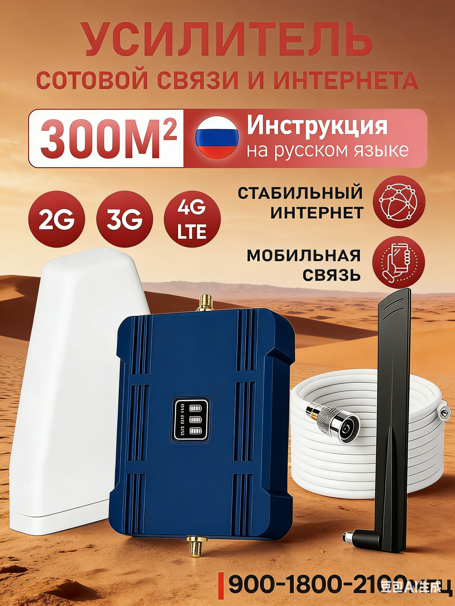 Усилитель сотовой связи 900/1800/2100 МГц (2G/3G/4G): до 70 км, направленный, синий, 1.3 кг