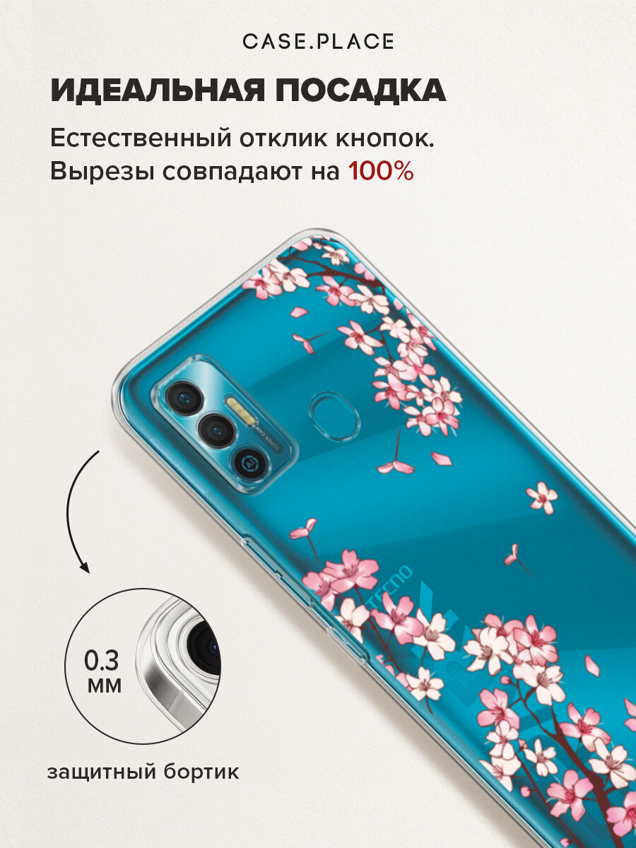 Чехол на Tecno Spark 7 / Техно Спарк 7 с принтом "Ветви сакуры 1", прозрачный — фото 1