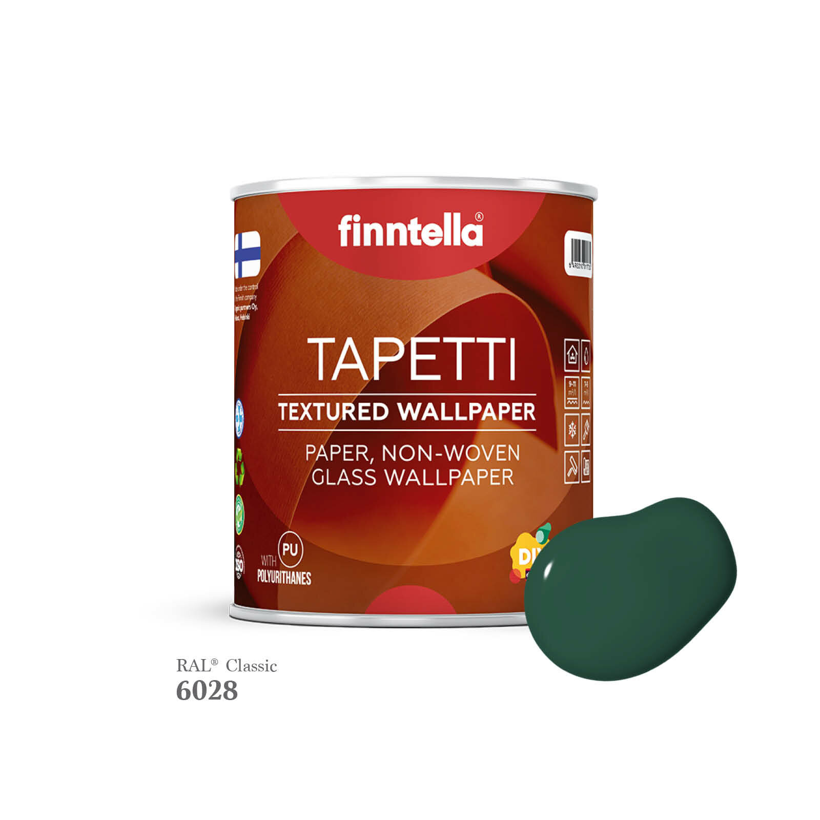 Шелковисто-матовая краска для обоев под окраску TAPETTI SILKKI Matta FINNTELLA, Цвет RAL 6028 Сосновый зеленый (Pine green), 0,9л