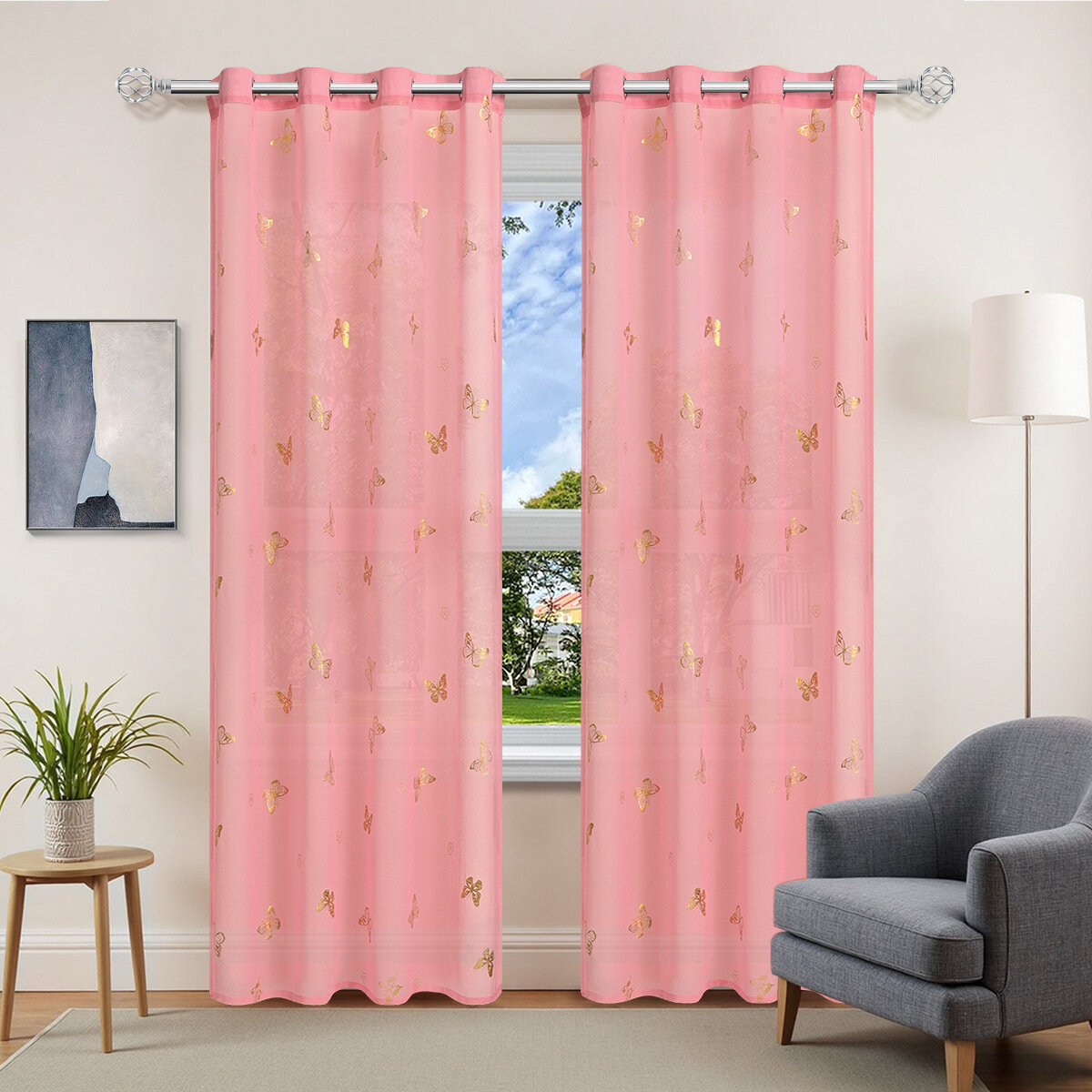 Тюль с золотыми бабочками, розовый сакура, 100x250 см