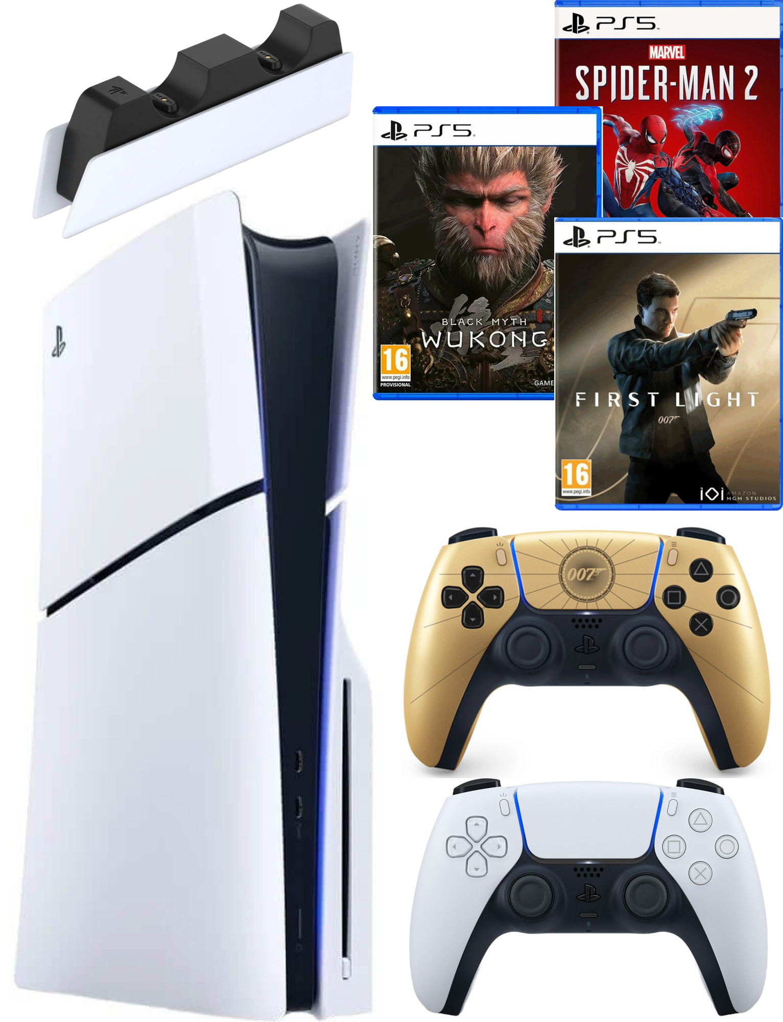 Игровая приставка Sony PS 5 Slim, 1ТБ(с дисководом)+2-ой геймпад(007 First Light)+Зарядная станция+Комплект из 3 игр