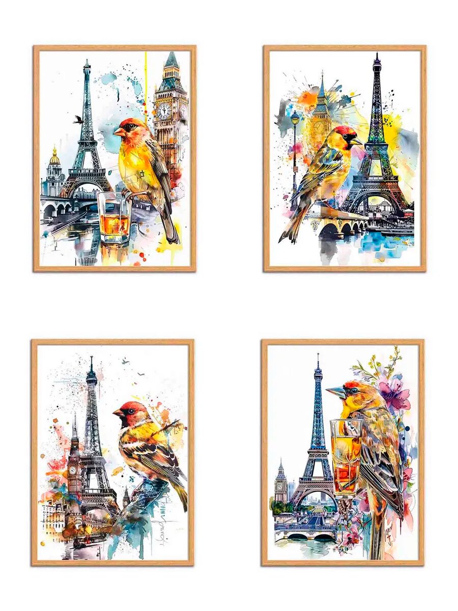 Птица щегол Пьет Виски, 4 Плаката, 30x21см