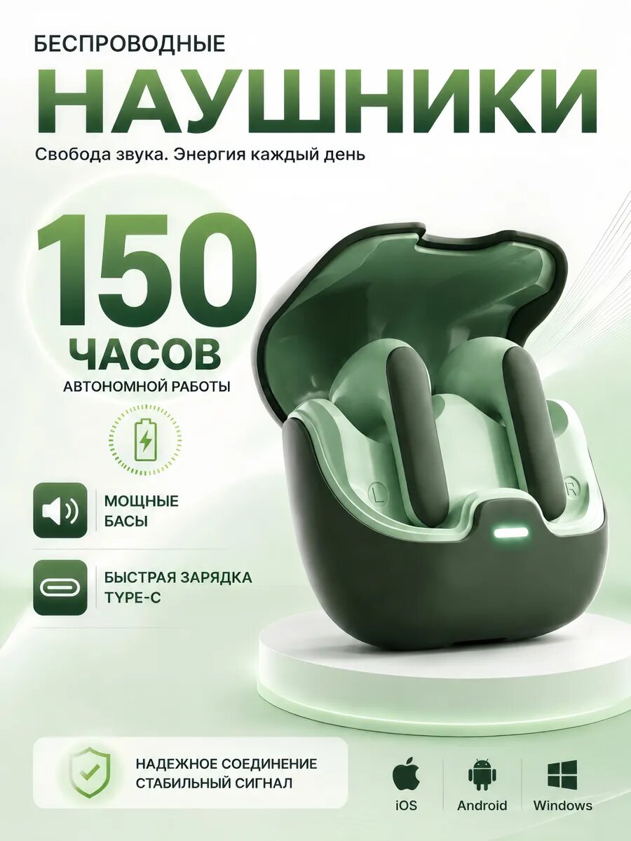 Наушники беспроводные TWS Bluetooth 5.3, до 150 часов работы, для Android iPhone, с микрофоном, зеленые