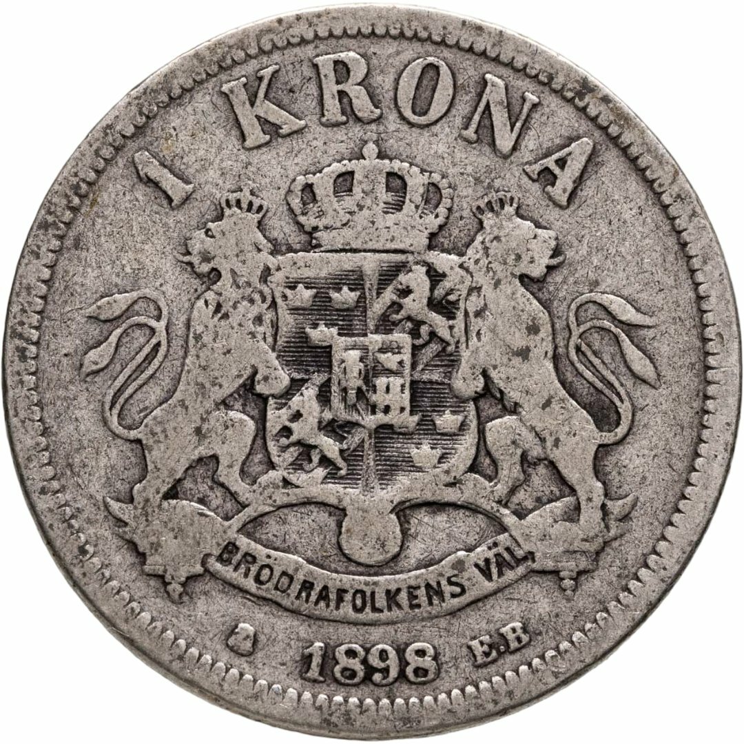 Швеция 1 крона krona 1898, Серебро 800, в сохранности VF