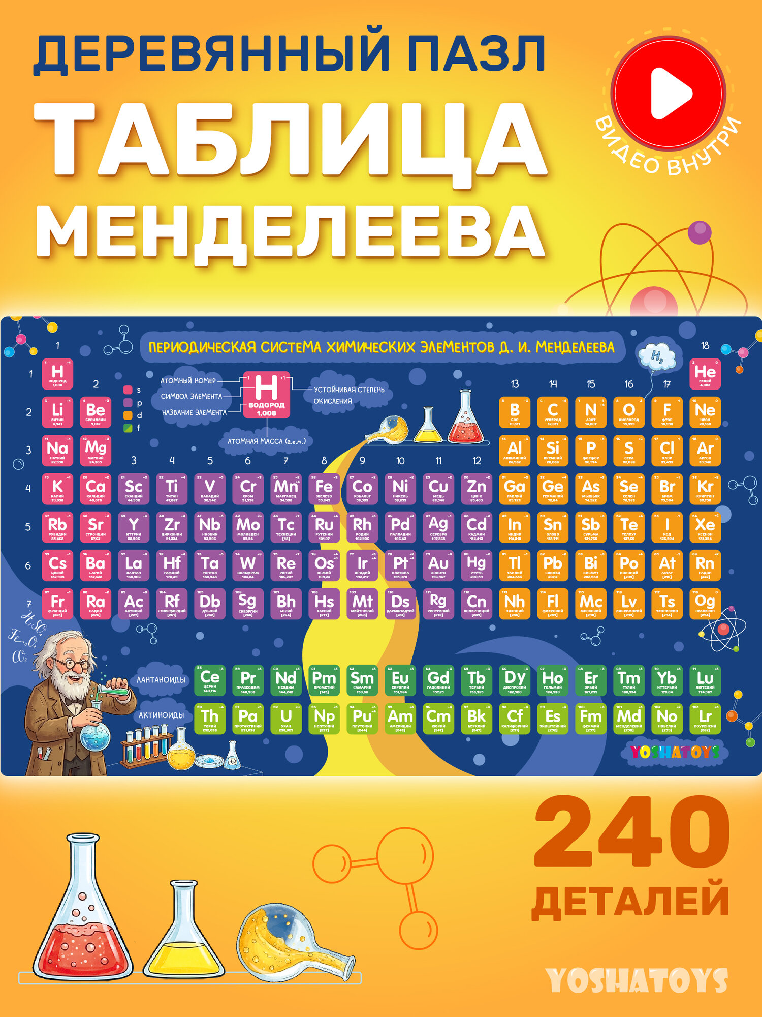 Деревянный пазл YOSHATOYS Таблица Менделеева мини PZL-117, 240 деталей, ХДФ