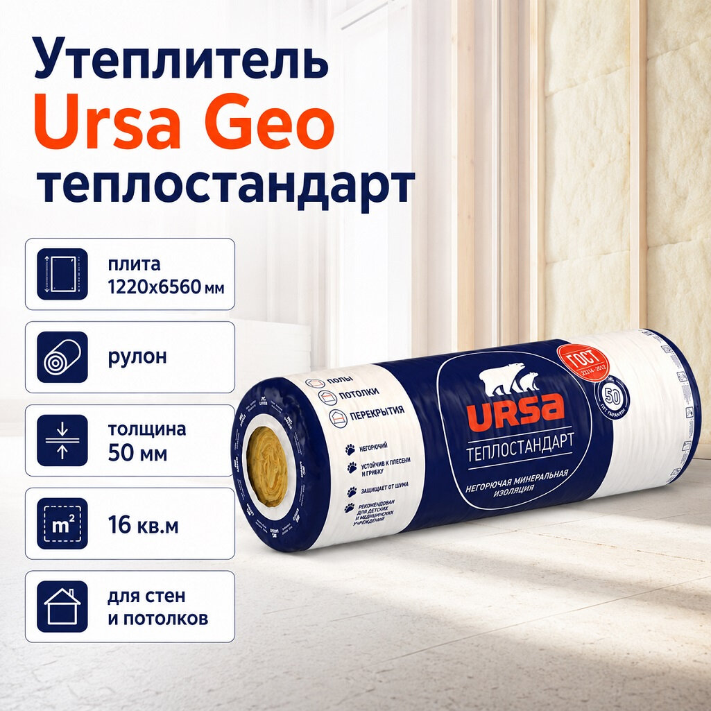 Утеплитель Ursa Geo 50х1220х6560 мм, 16 кв. м, рулон, для стен и потолков